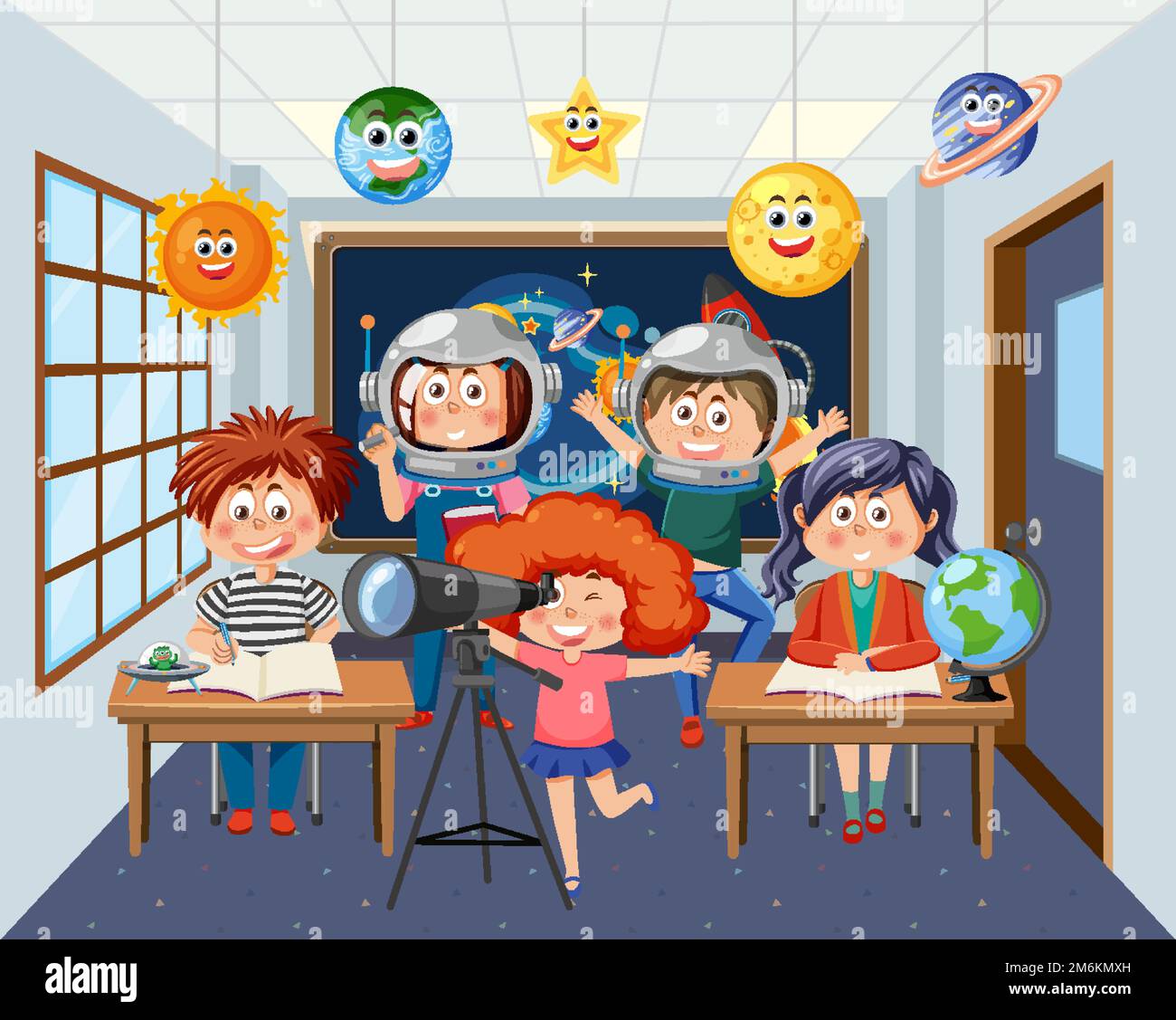 Kids studying astronomy with telescope illustration Stock Vector Image ...
