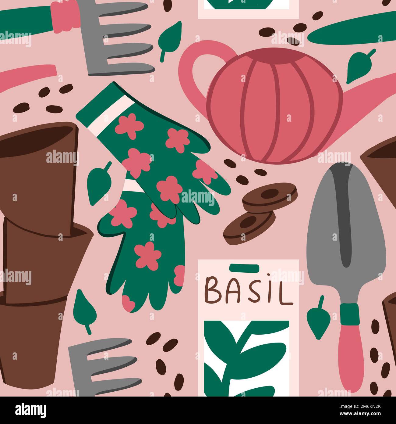 Hand drawn seamless pattern with garden gardening tools gloves shovel ...