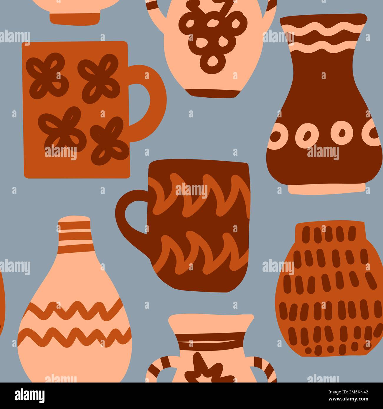 Hand drawn seamless pattern of pottery mugs vases in beige brown on grey background. Ceramic ...