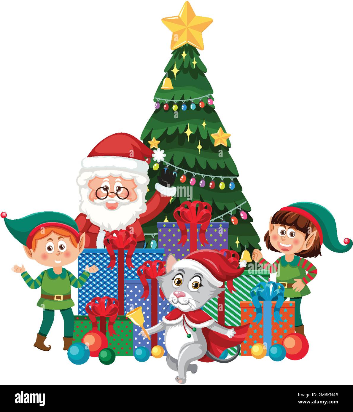 Christmas tree with elves cartoon character illustration Stock Vector ...
