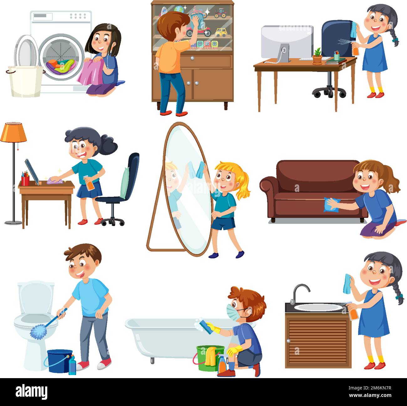 Kids cleaning at home set illustration Stock Vector Image & Art - Alamy