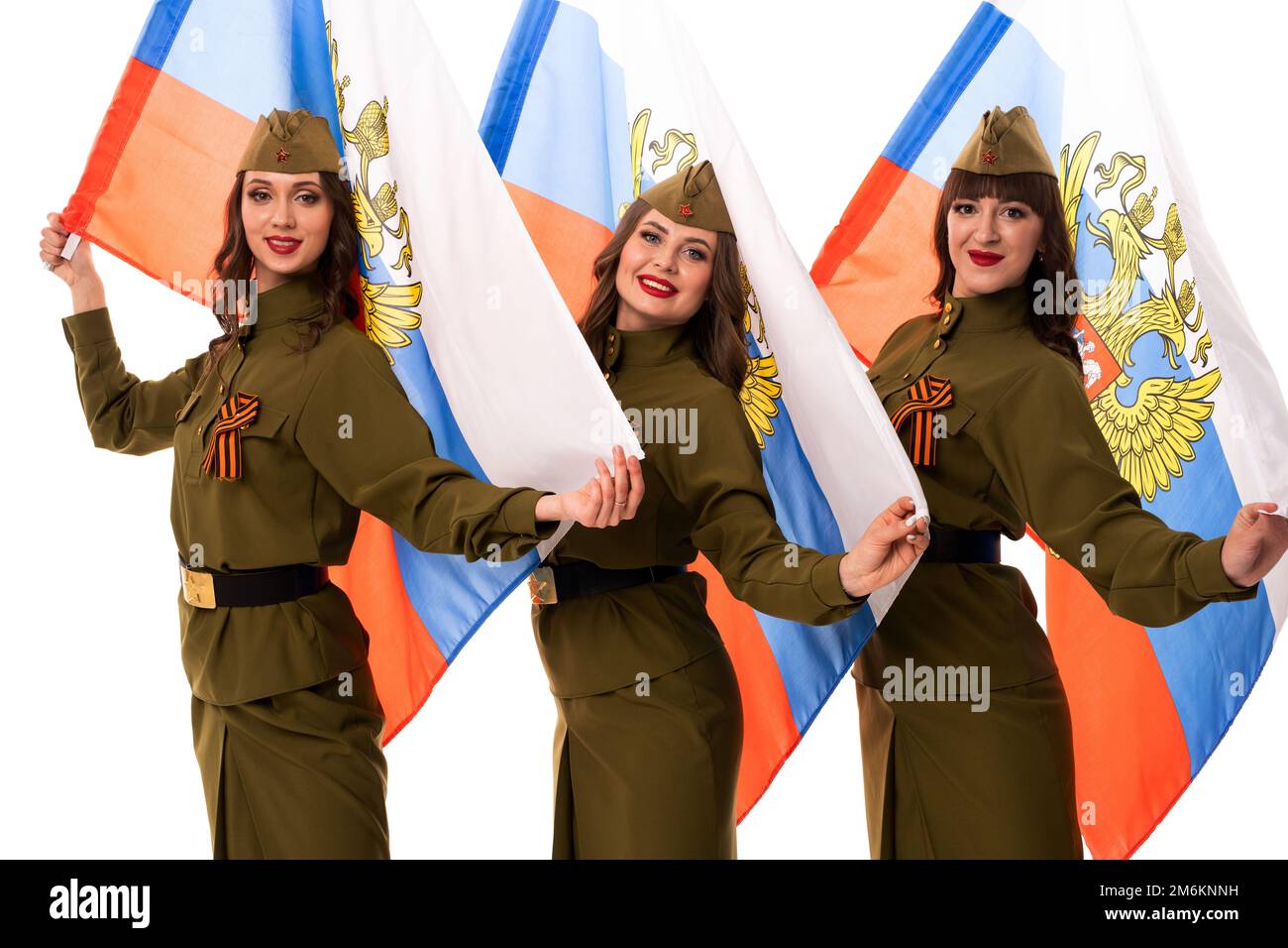 Smiling women in military uniforms with Russian flags Stock Photo - Alamy