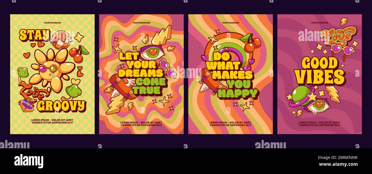 Retro groovy vibe posters with motivation phrases. Vector illustration ...