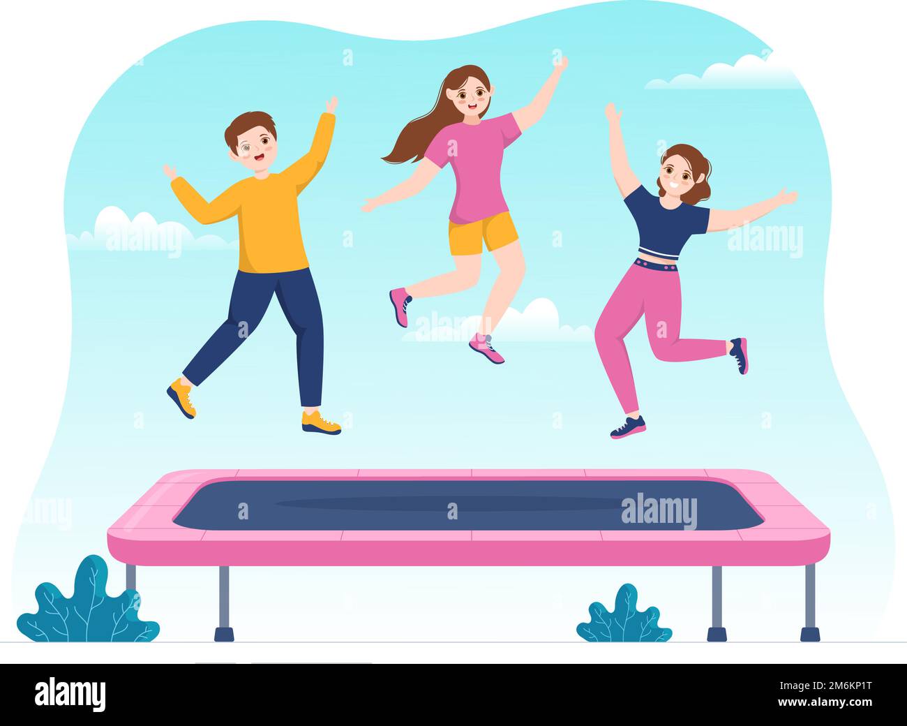 Trampoline Illustration with Youth Jumping On a Trampolines in Hand ...