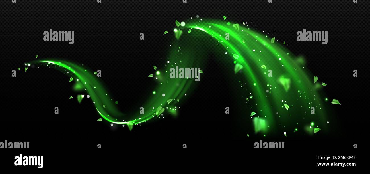 Freshness effect, green air, wind flow with flying green leaves. Glow ...