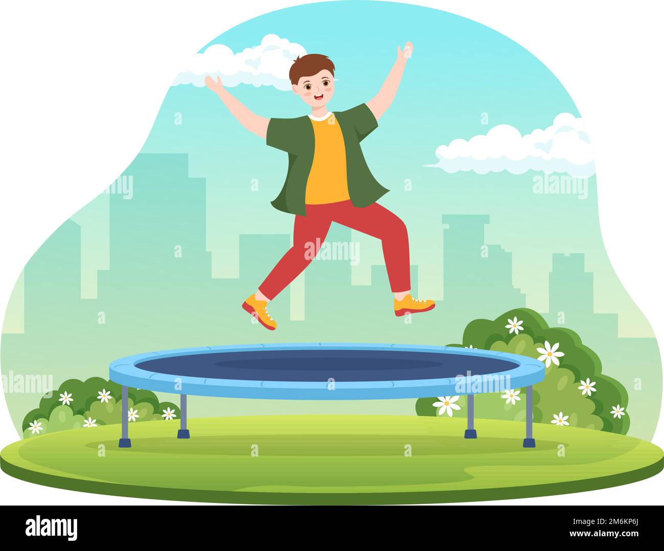 Trampoline Illustration with Youth Jumping On a Trampolines in Hand ...