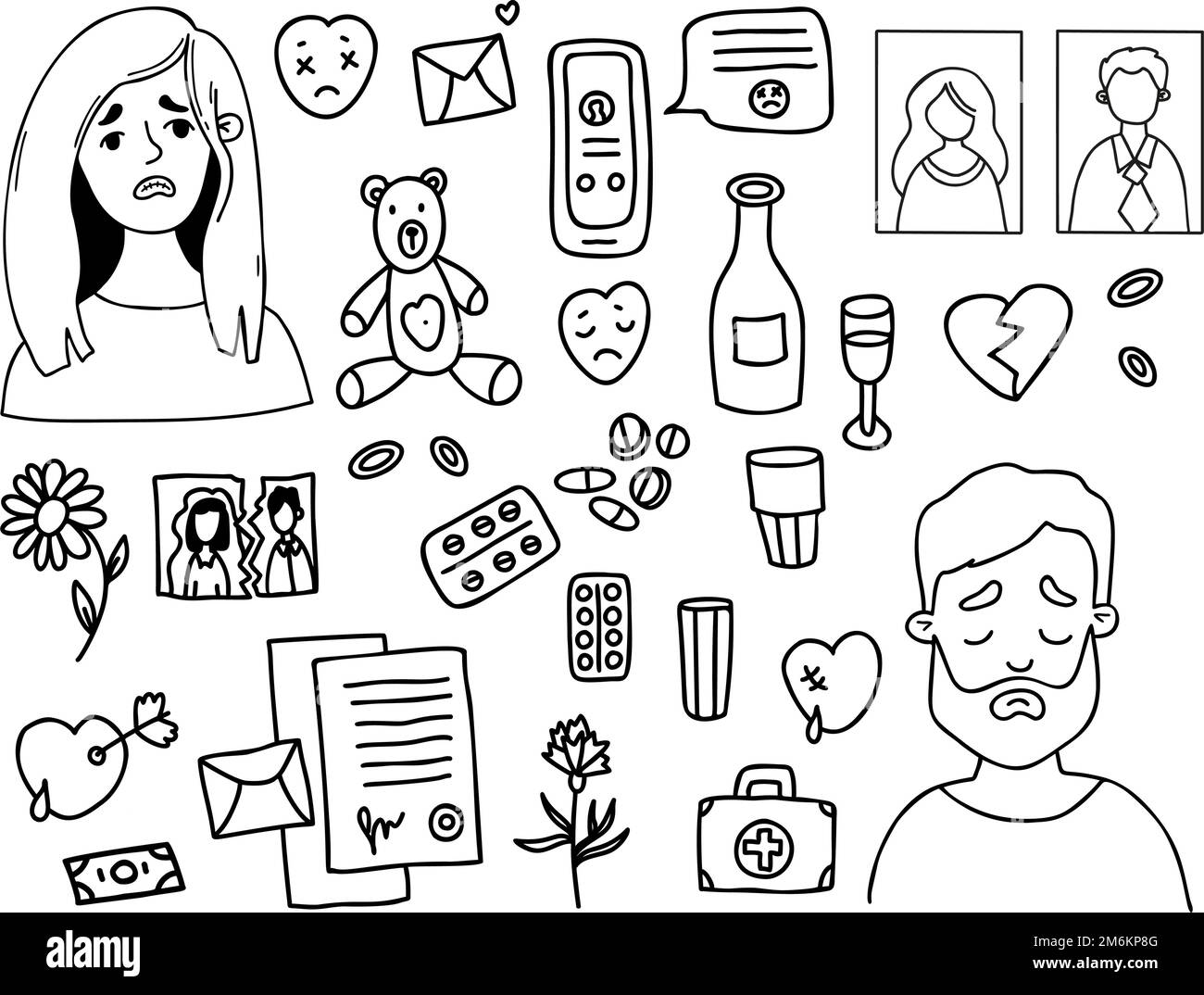 Conflict and divorce. Collection doodles dissolution of marriage, end ...