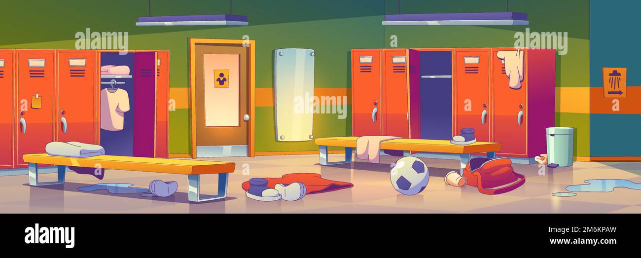 Messy locker room with clutter, soccer ball, clothes, shoes, bag, trash ...