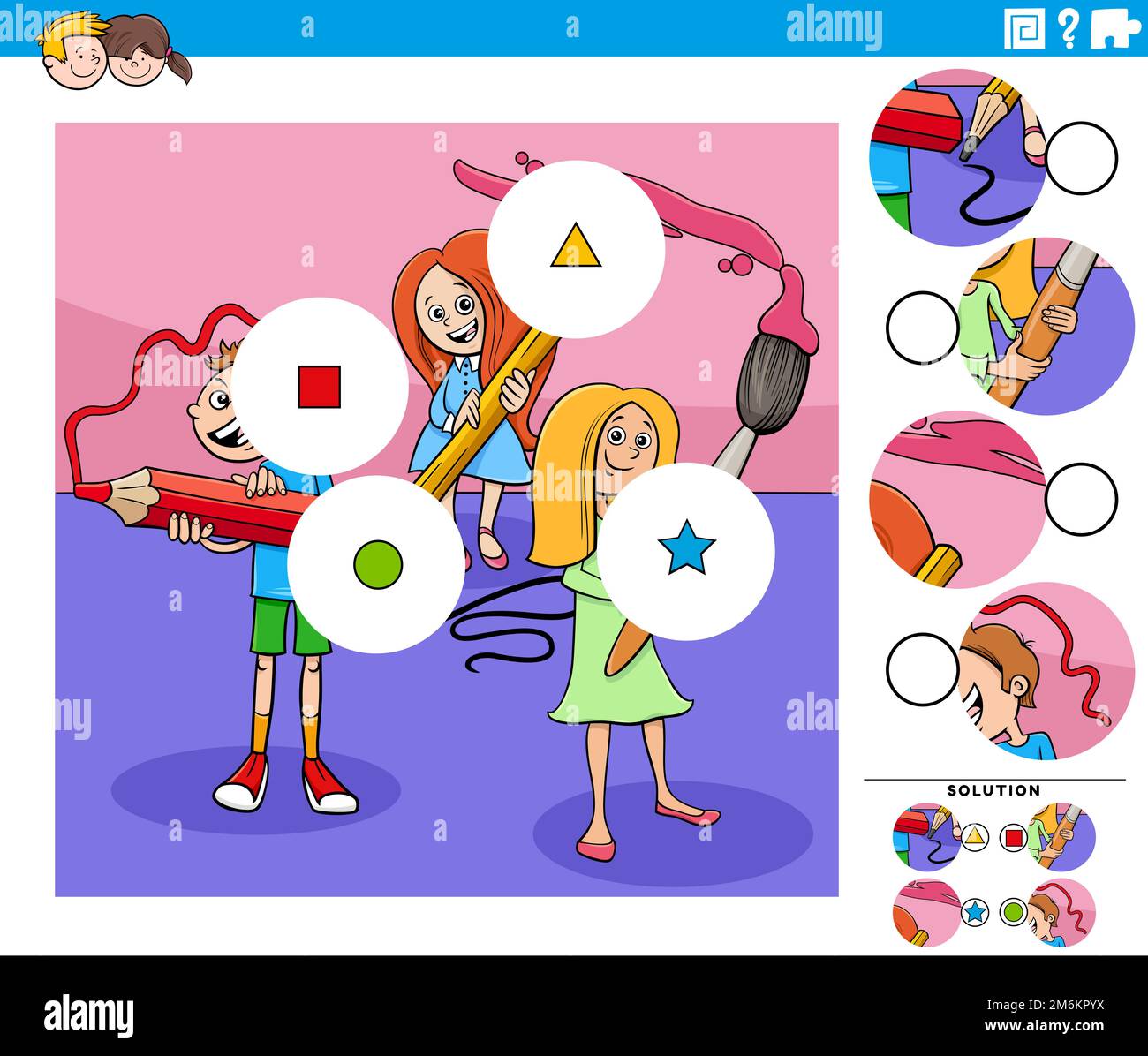 Match pieces game with cartoon pupils characters Stock Photo - Alamy