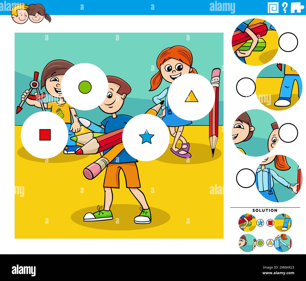 Match pieces game with cartoon pupils characters Stock Photo - Alamy