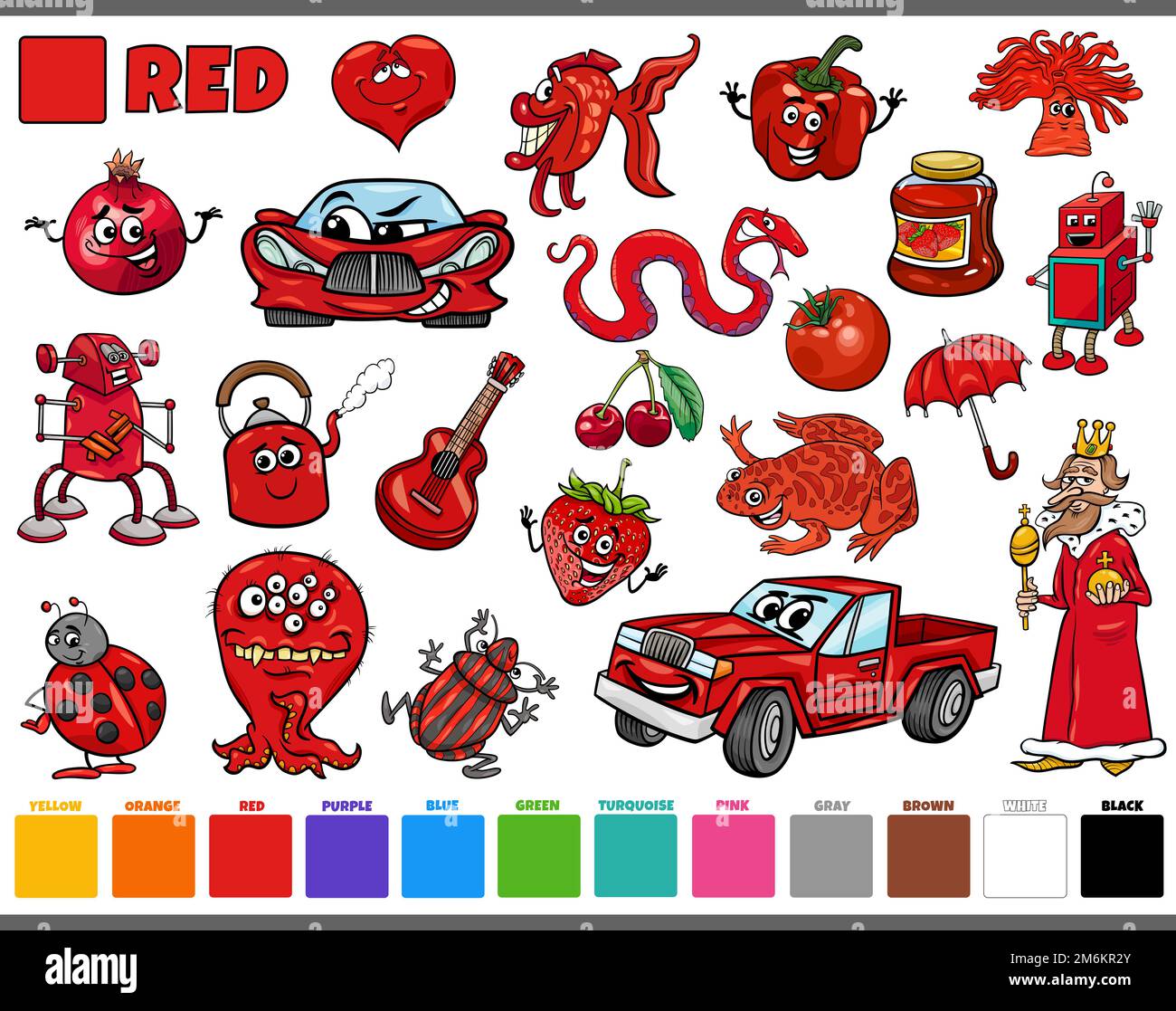 Set with cartoon characters and objects in red Stock Photo - Alamy