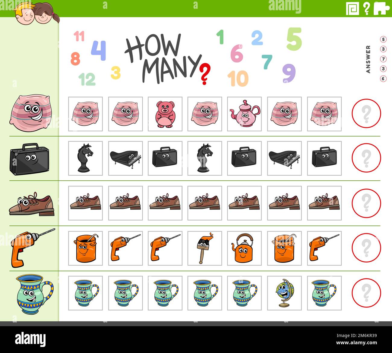 Counting task for children with cartoon object characters Stock Photo ...