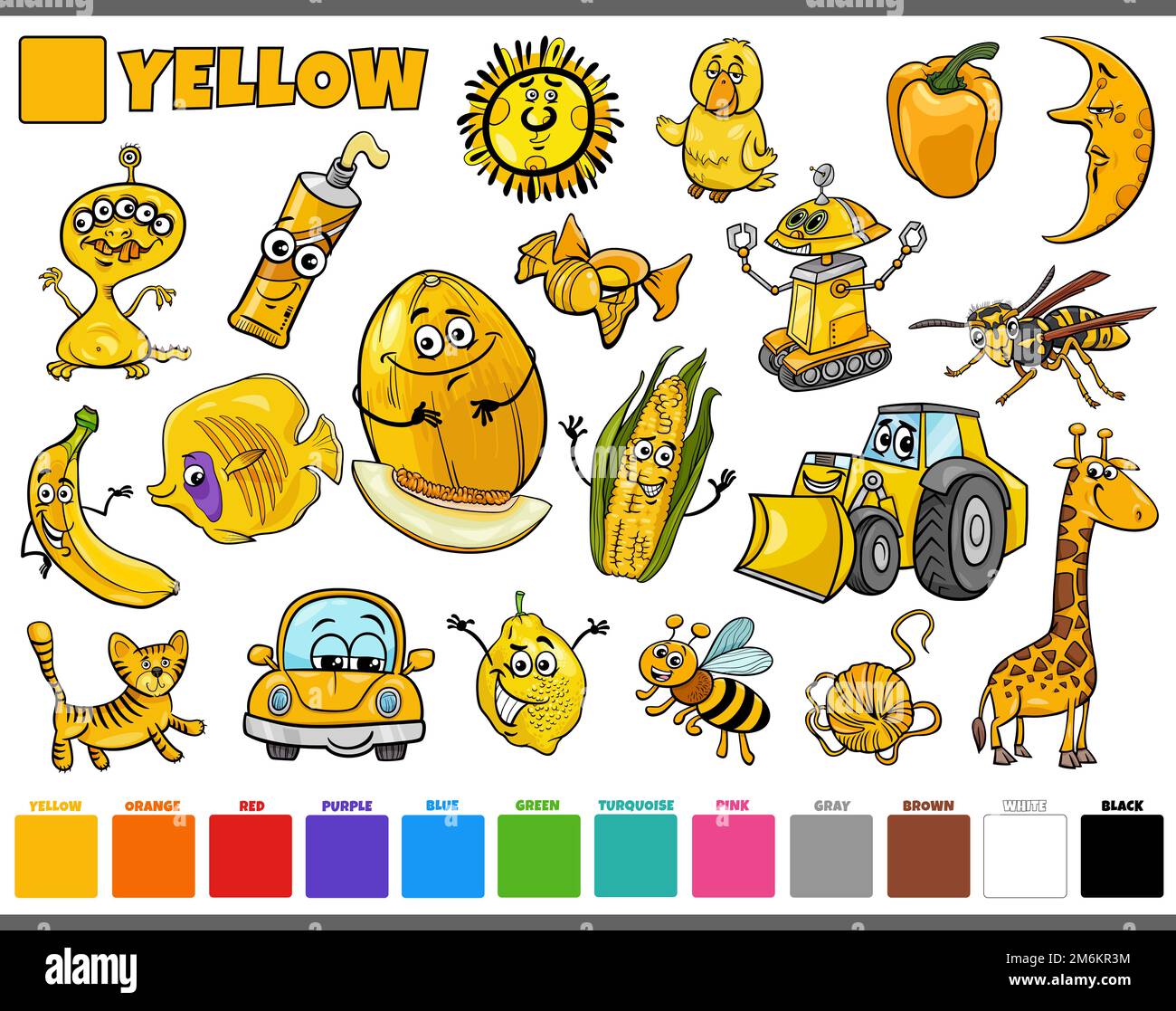 Set with cartoon characters and objects in yellow Stock Photo - Alamy