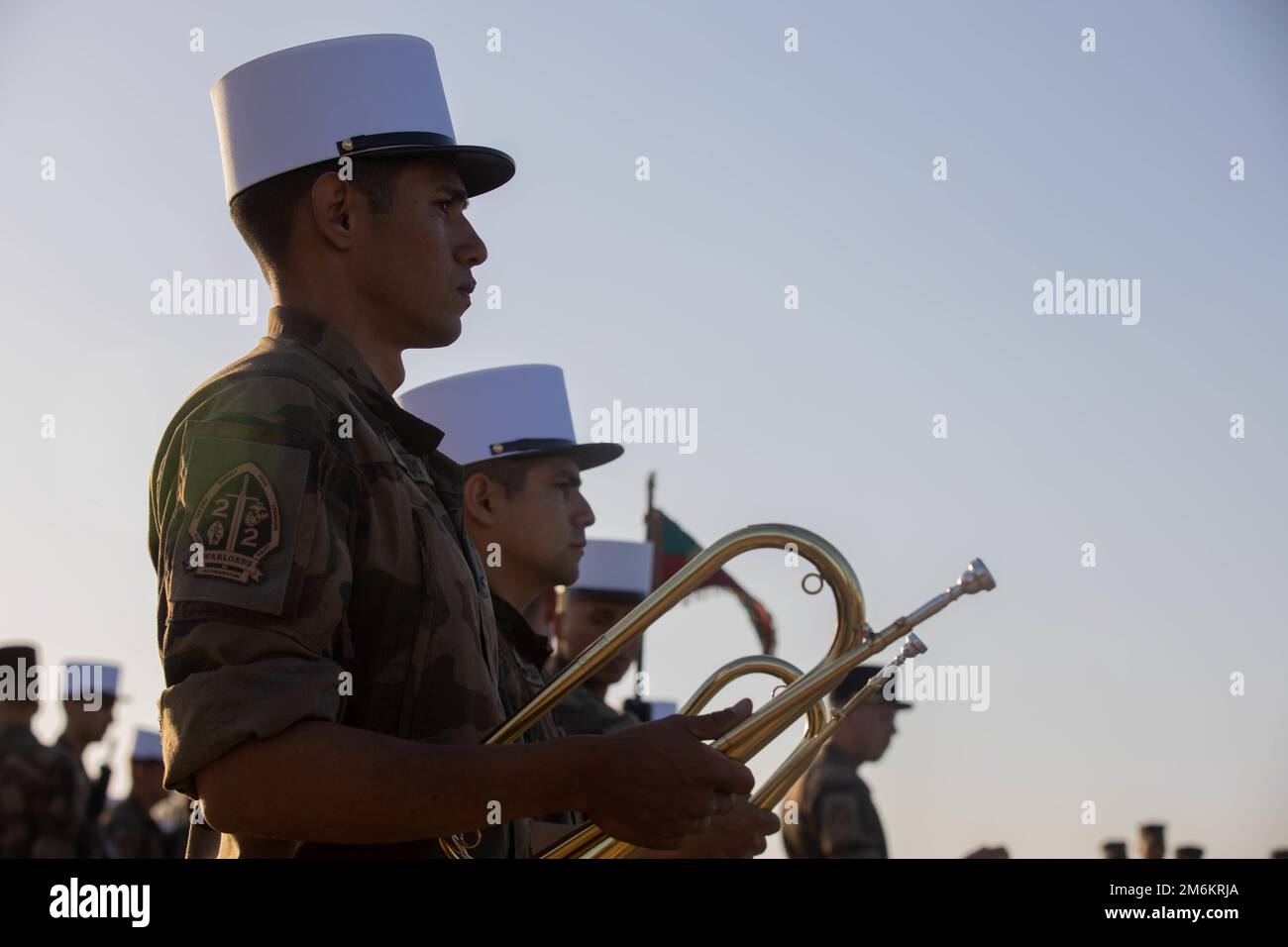 French Foreign Legionnaires bugle players stand in a ceremony at Marine ...