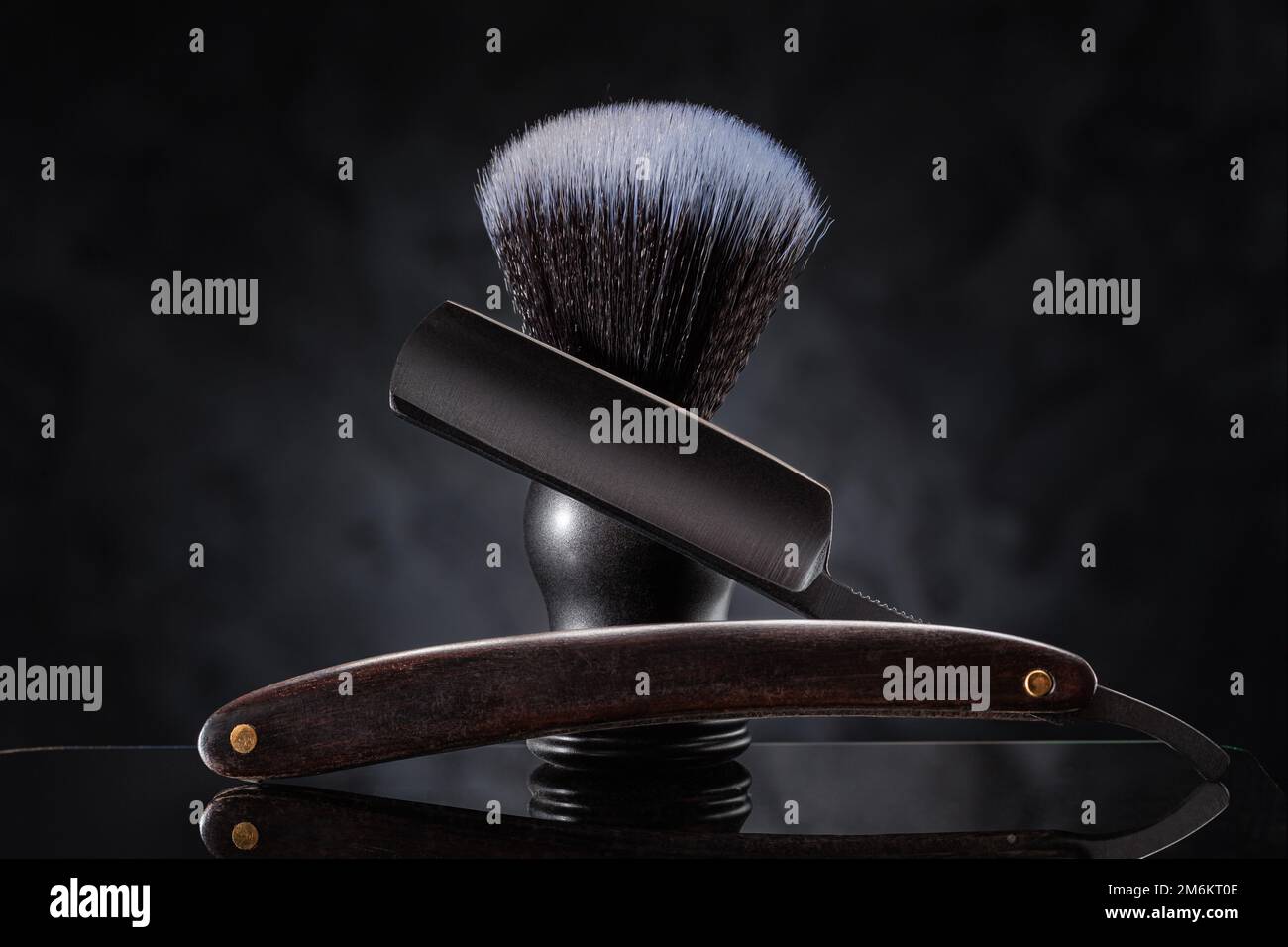 Black Barber Tools. Stright Razor And Classic Shaving Brush On Abstract ...