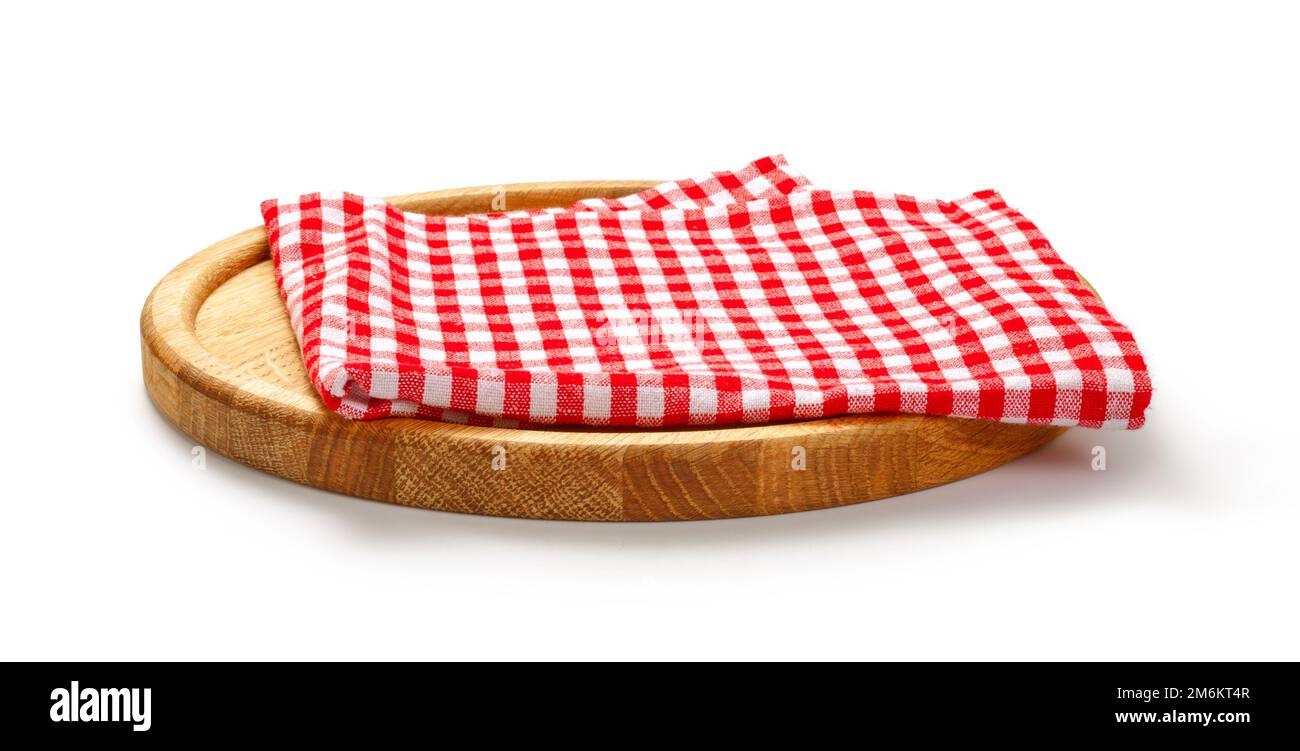 Red check napkin and board for pizza on white background. Red napkin on ...