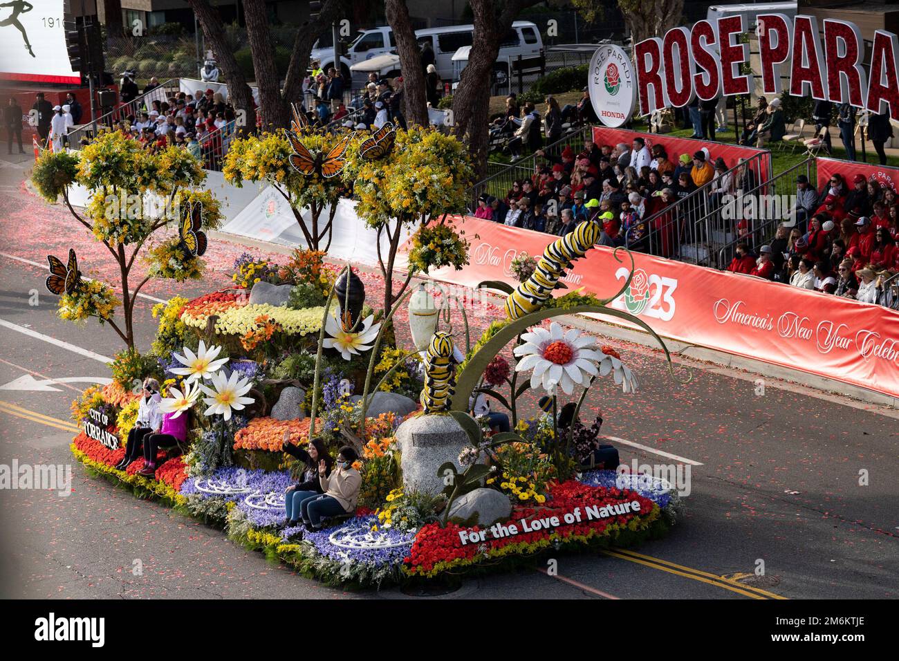 A caterpillar float moves down the street during the 134th annual Rose ... A caterpillar float moves down the street during the 134th annual Rose ...