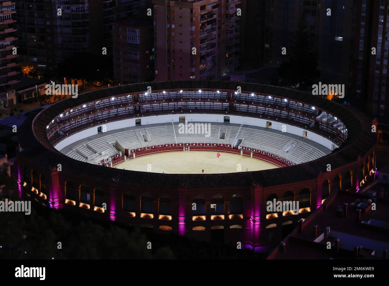 Elevated view of the La Malagueta Bullring at night in Malaga,Andalucia ...