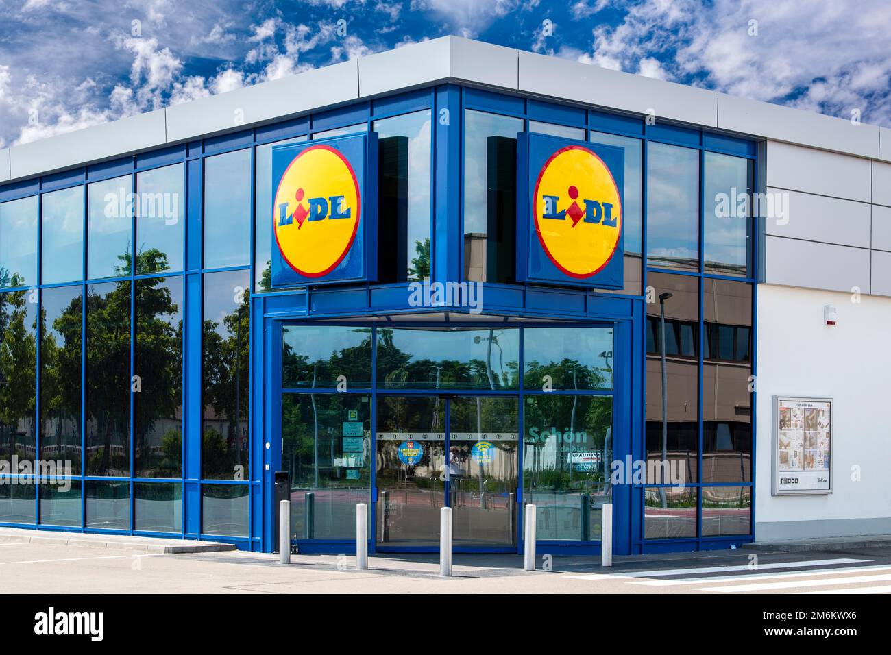 Advertising and company sign of the company Lidl at the entrance to the ...