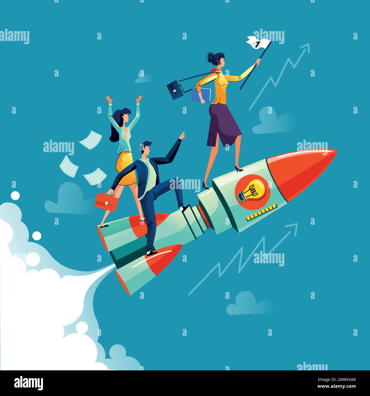 Businesswoman flying on rocket on background of sky, clouds and growth ...