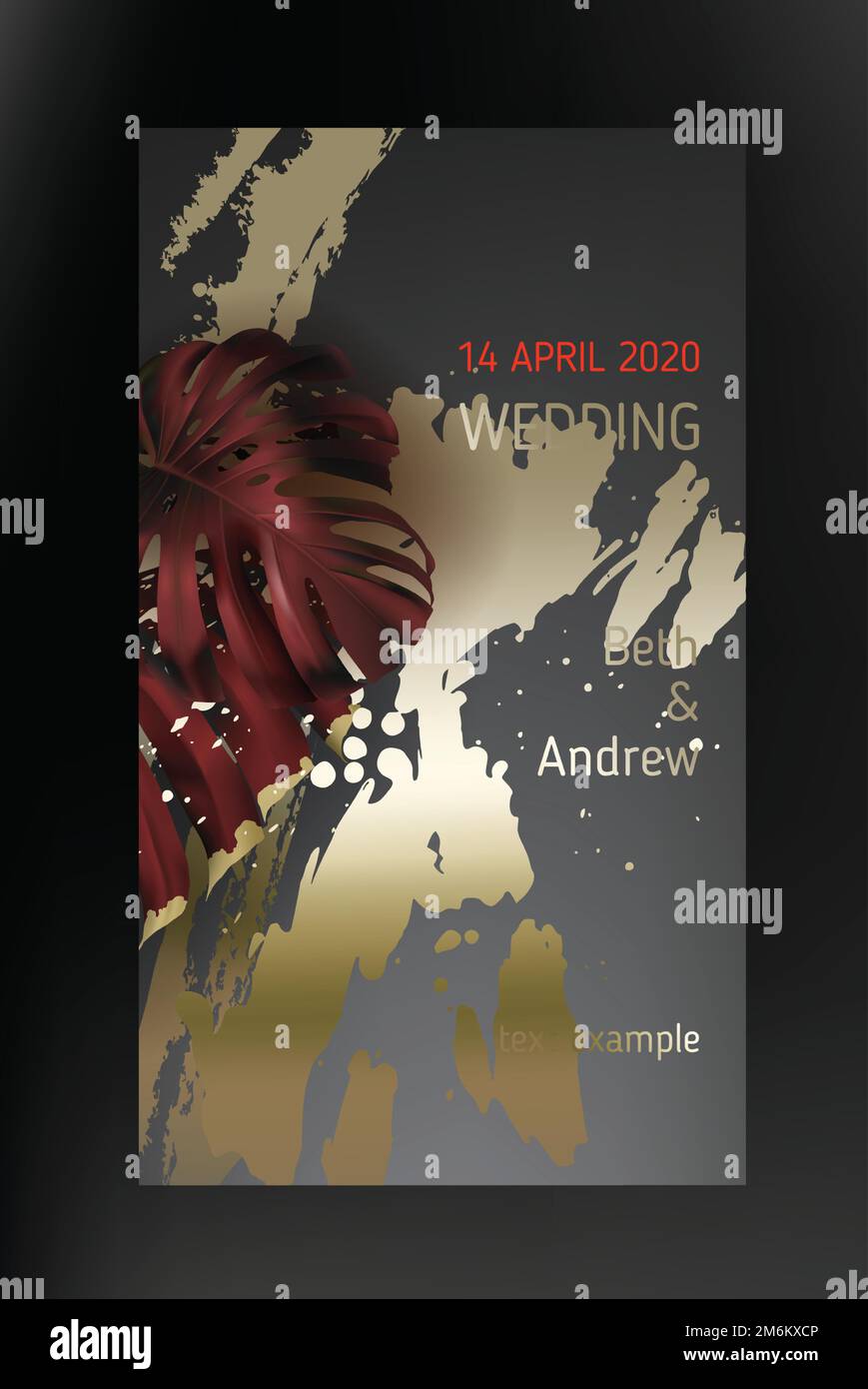 Tropical gold maroon monstera leaves on black dark background vector ...