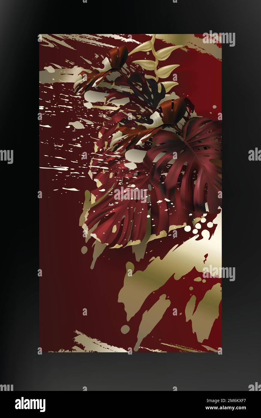 Tropical gold maroon monstera leaf, on dark red background vector ...