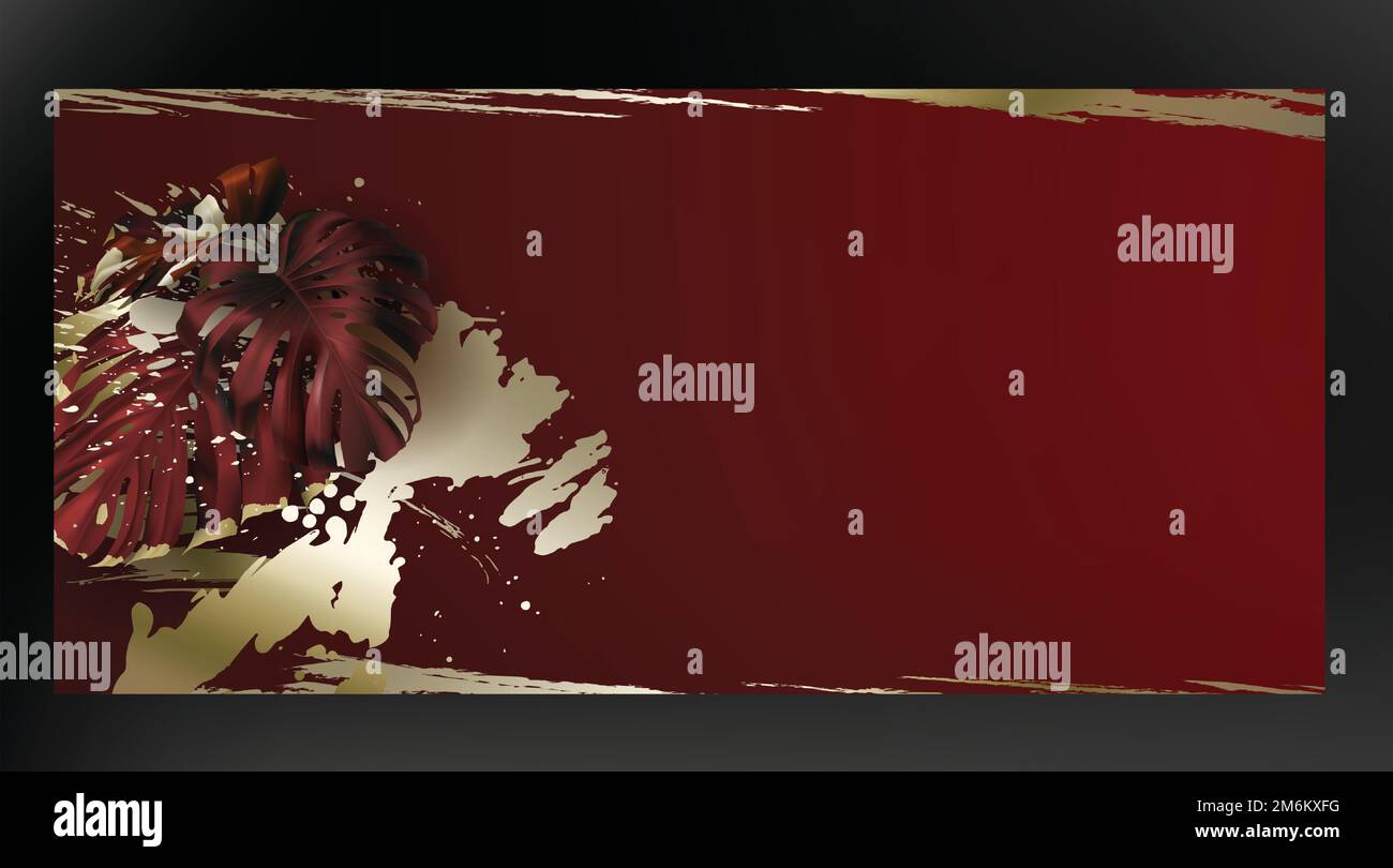 Tropical gold maroon monstera leaf, on dark red background vector ...