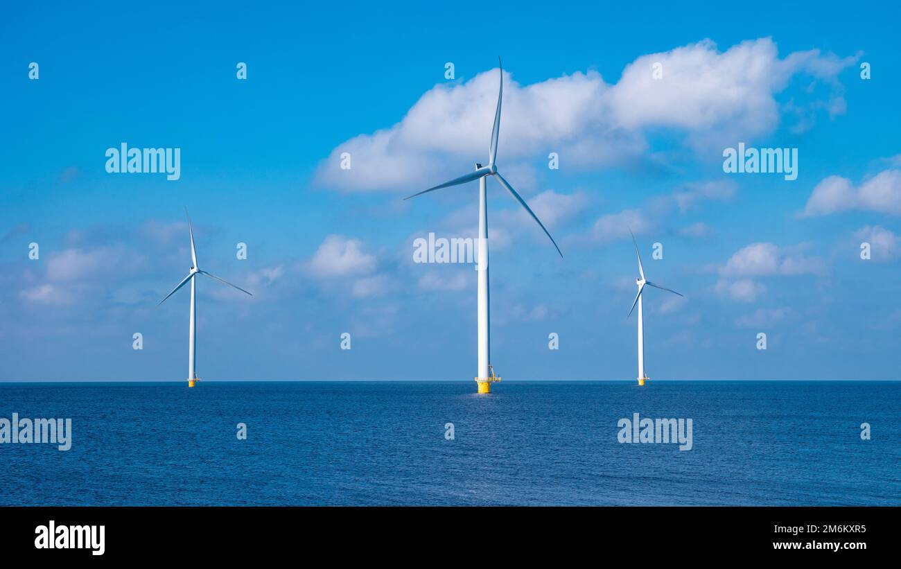Windmill park in the ocean, drone aerial view of windmill turbines ...