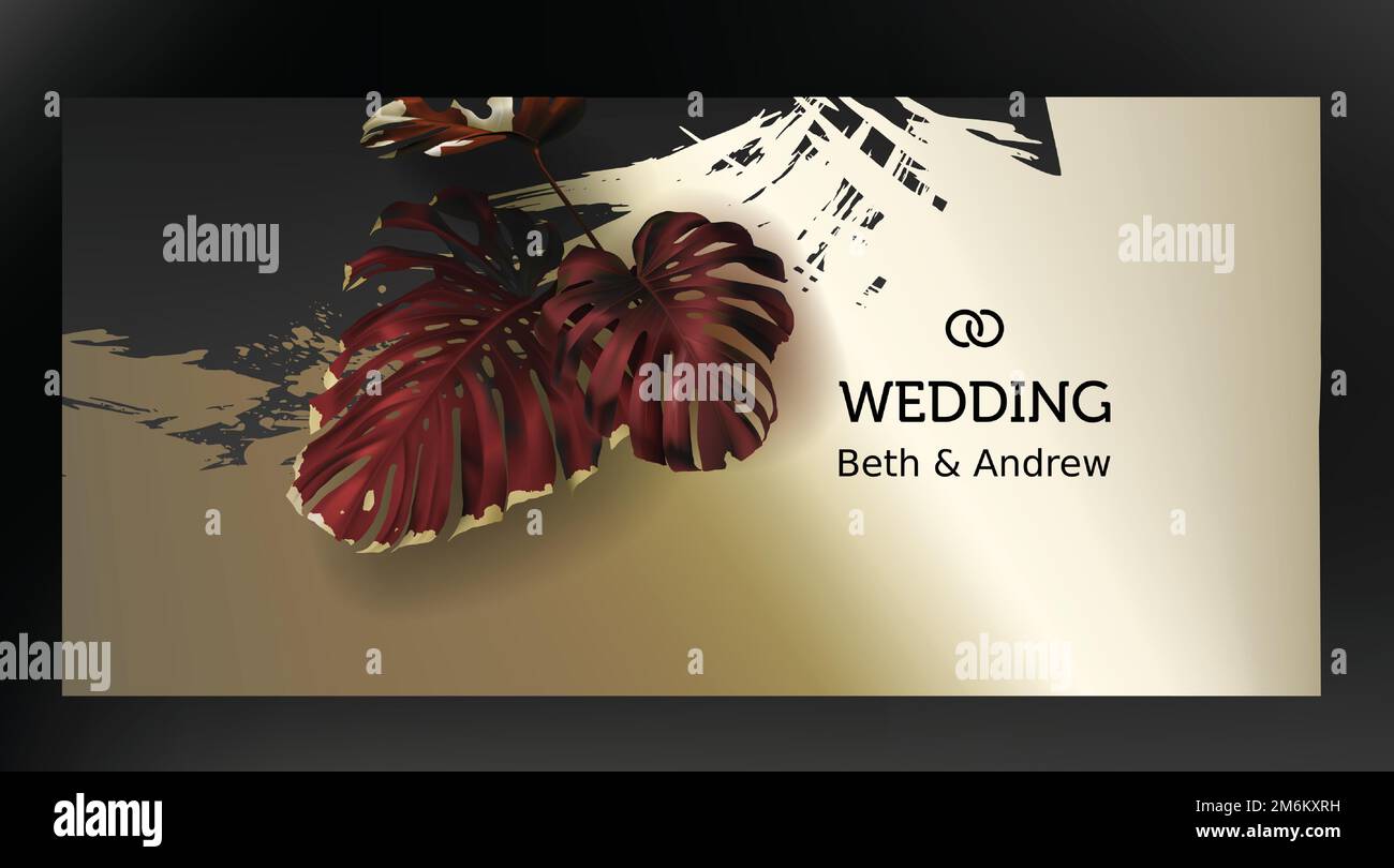 Tropical gold maroon monstera leaves on black dark background vector ...