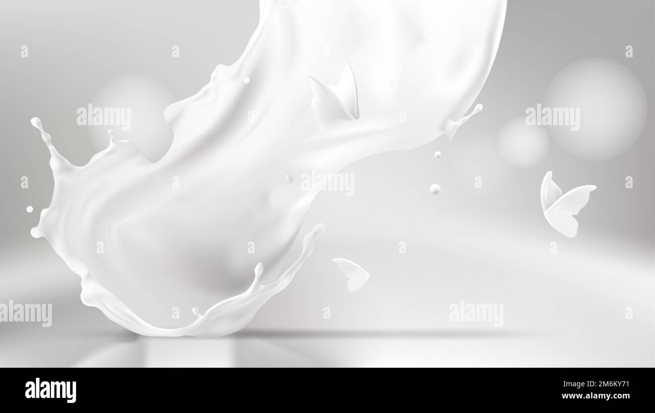 Milk pouring splash swirl shape and white liquid silhouettes of flying ...
