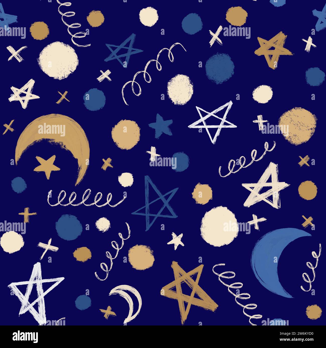 Seamless festive pattern with moon, stars and doodles on a blue ...