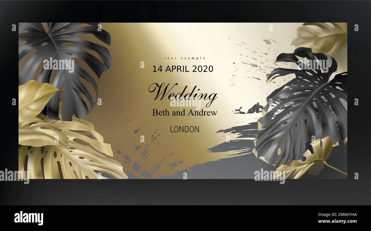 Tropical black gold monstera leaves on dark background vector ...