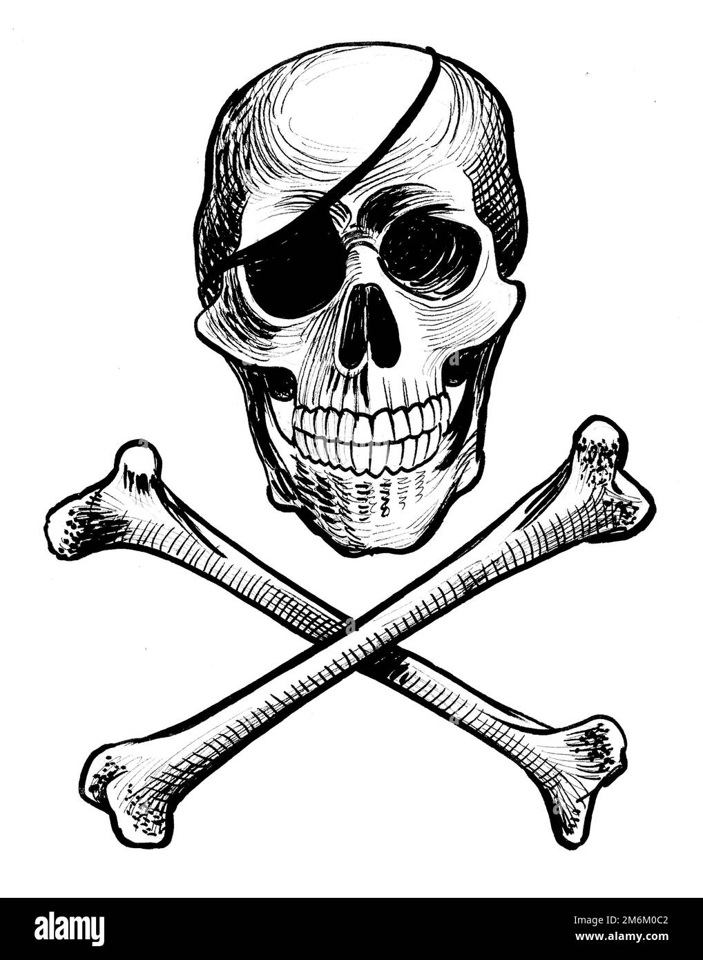 Human skull and crossed bones. Ink black and white drawing Stock Photo ...
