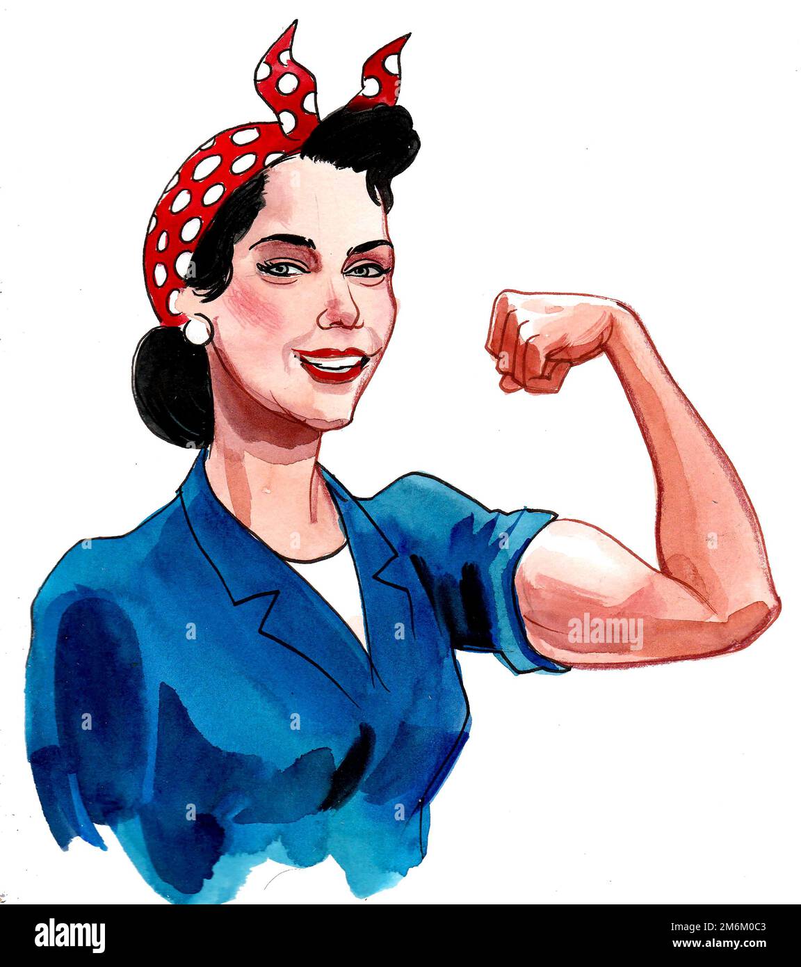 Strong pin-up styled woman flexing biceps. Ink and watercolor drawing Stock Photo - Alamy