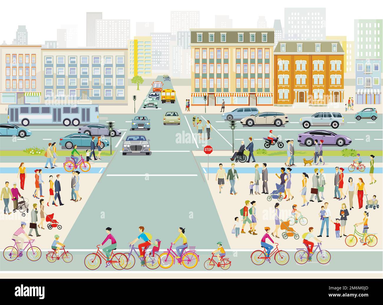 Big city with people and street traffic and in front of buildings ...