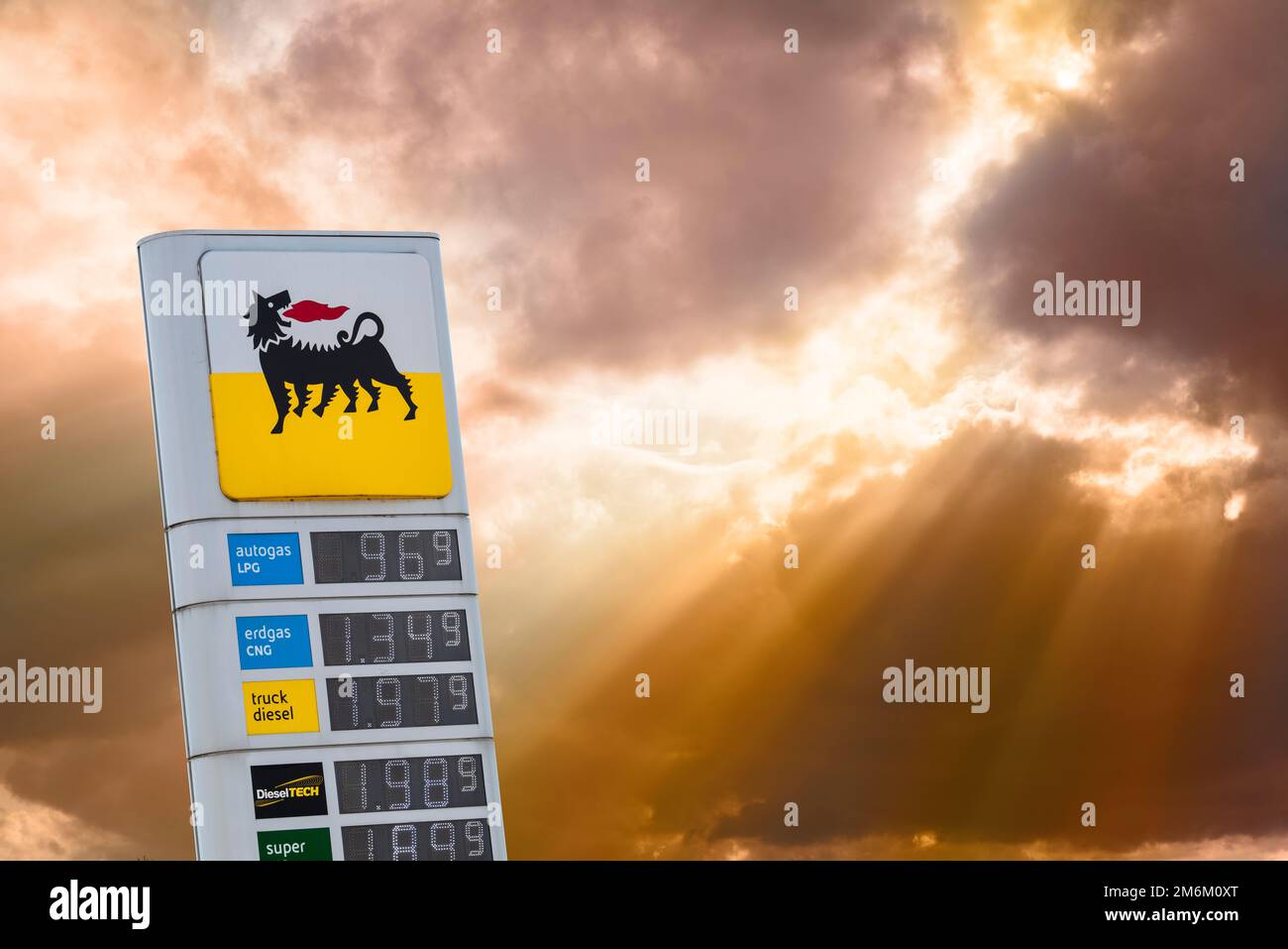 Advertising sign of the company AGIP on its gas station in Gersthofen ...