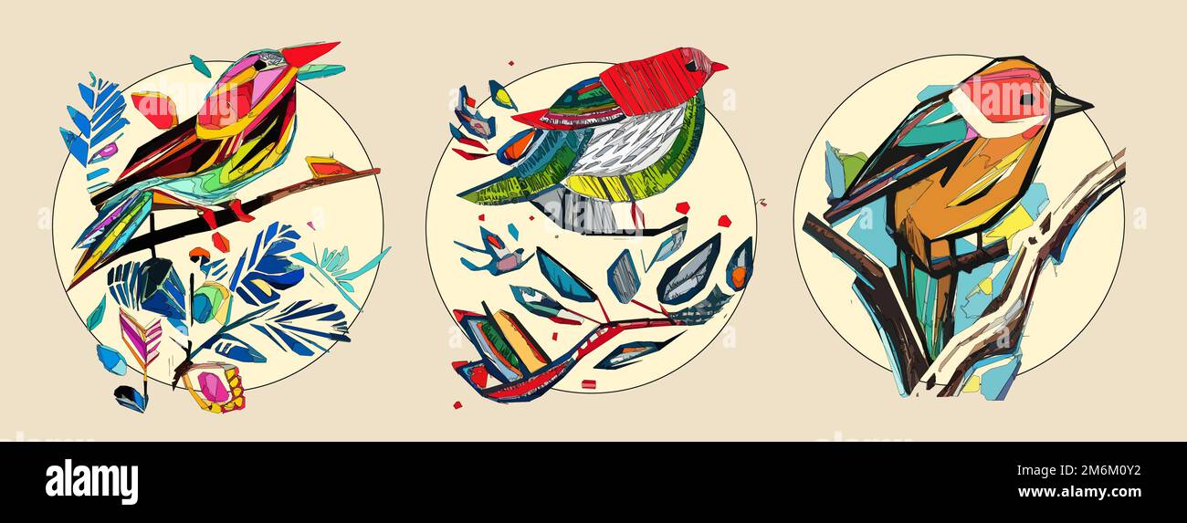 Bird on tree branch with leaves, flowers and large circle on light ...