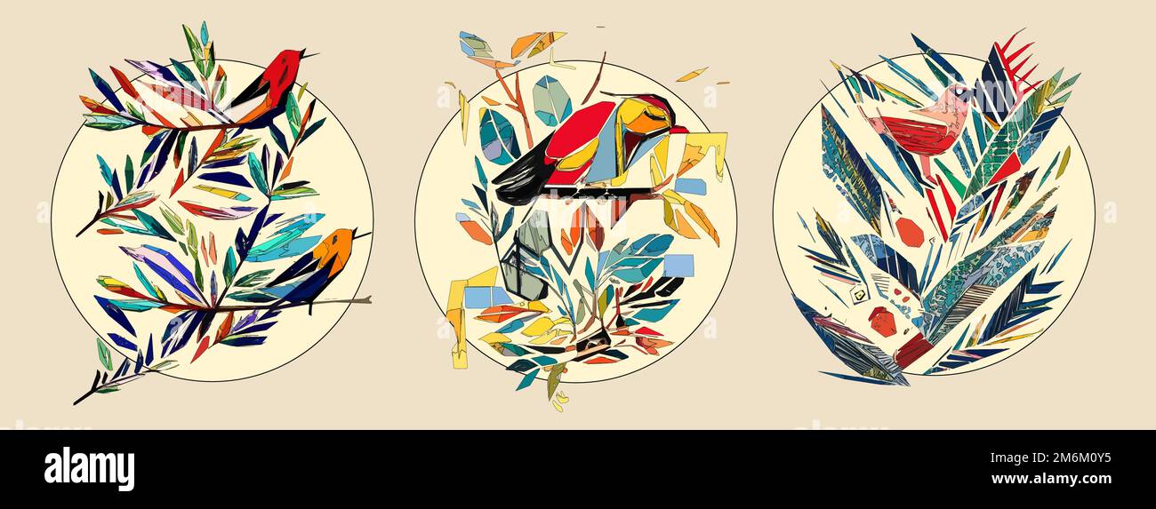 Bird on tree branch with leaves, flowers and large circle on light ...