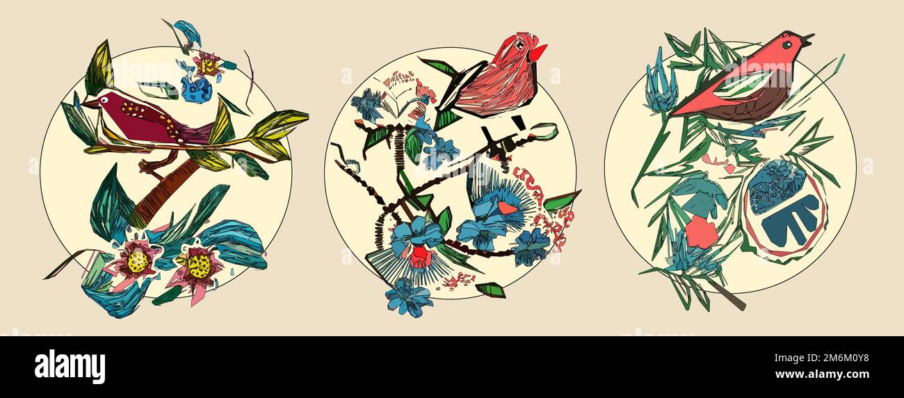 Bird on tree branch with leaves, flowers and large circle on light ...