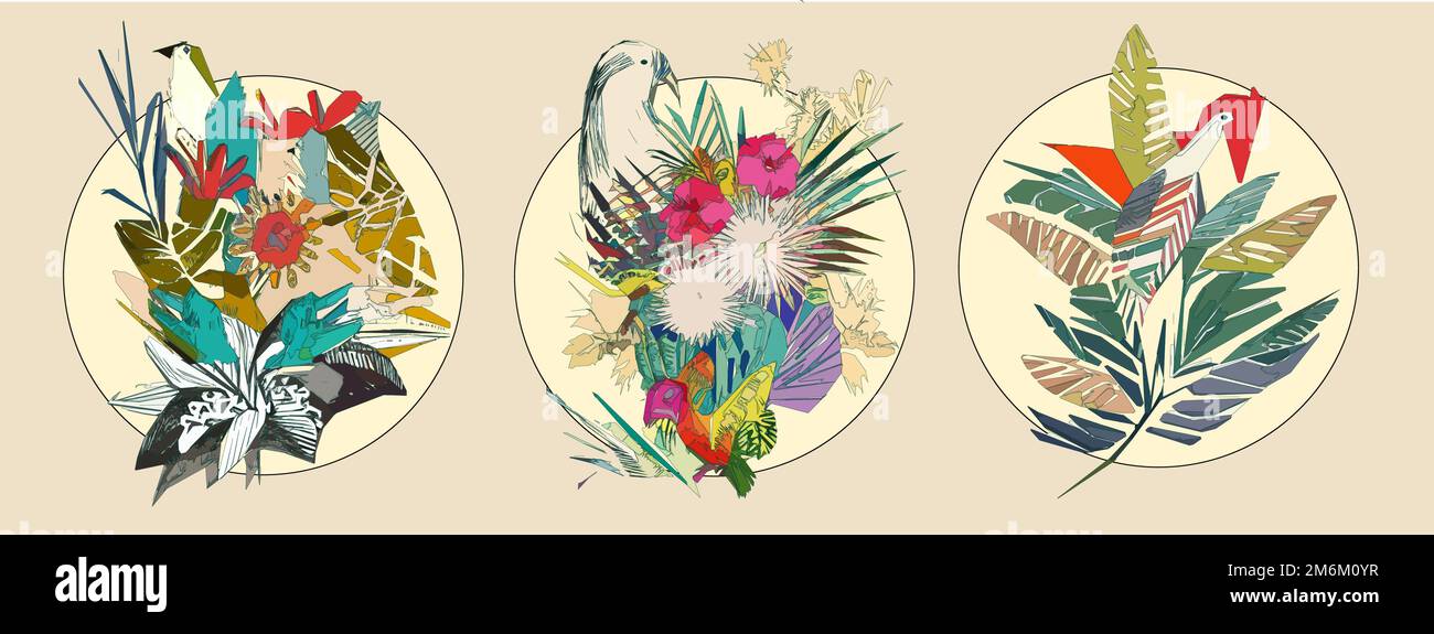 Bird on tree branch with leaves, flowers and large circle on light ...