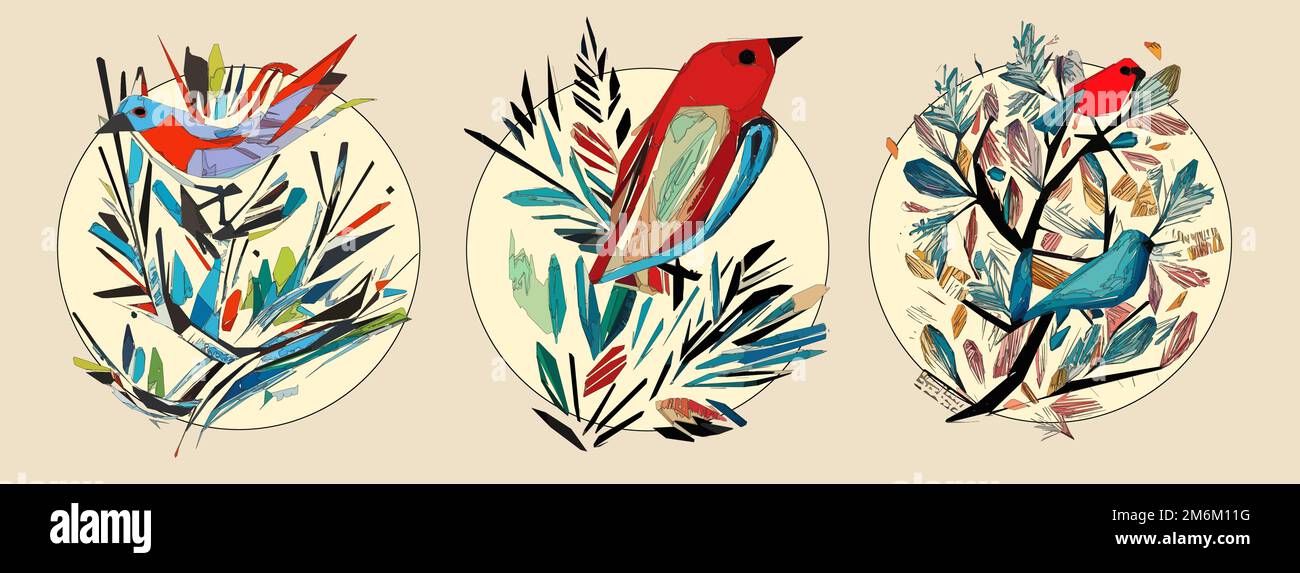 Bird on tree branch with leaves, flowers and large circle on light ...