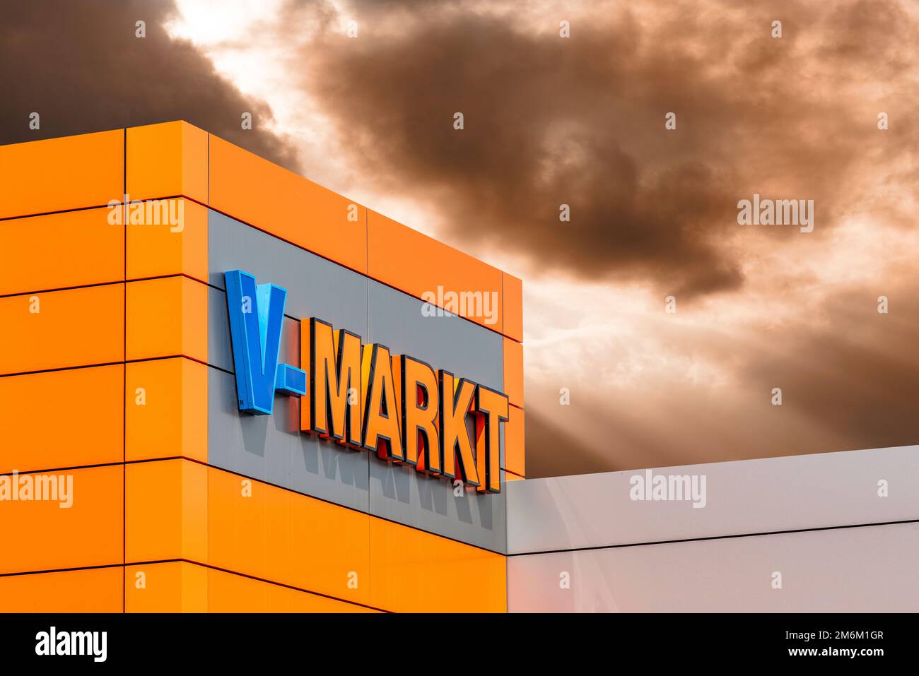 Advertising sign at V market Stock Photo - Alamy