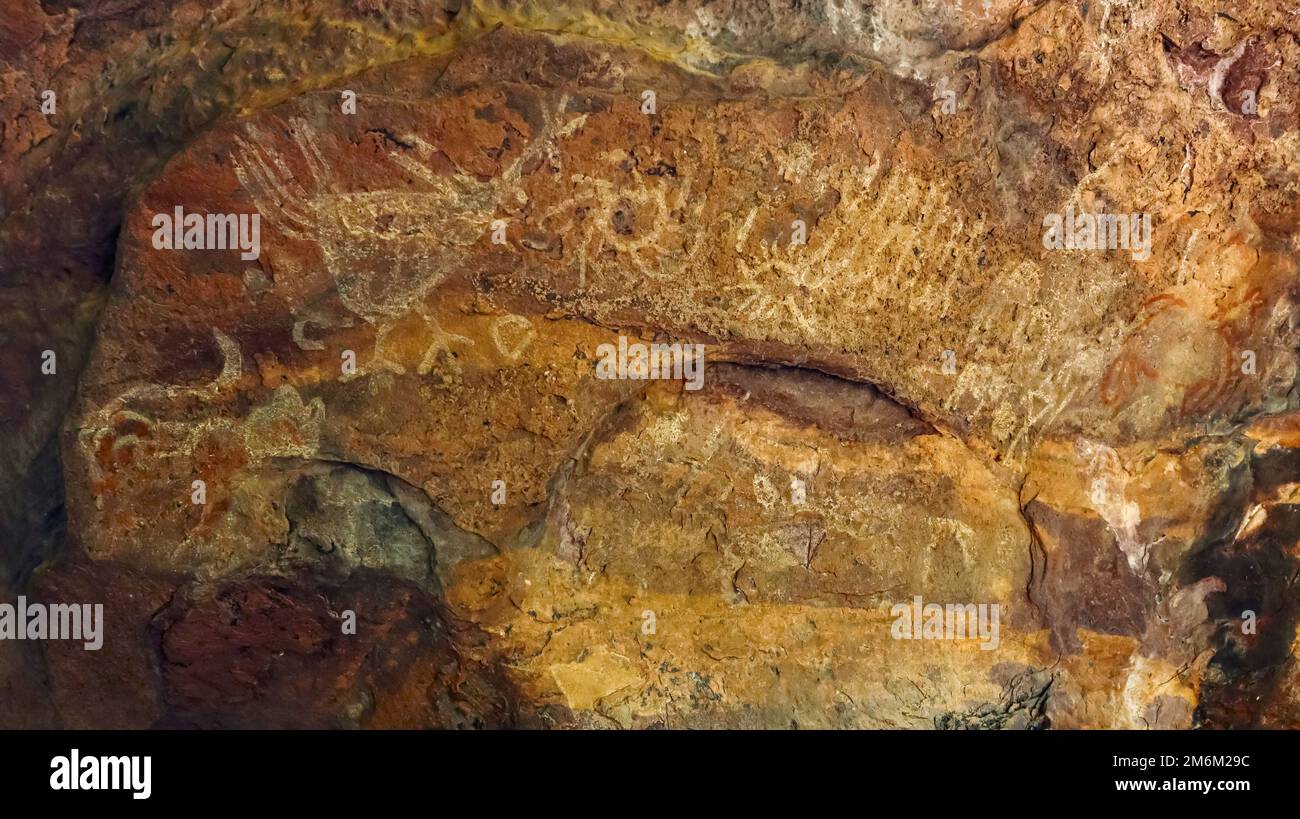 Prehistoric Rock Painting showing huge bird and human figures ...