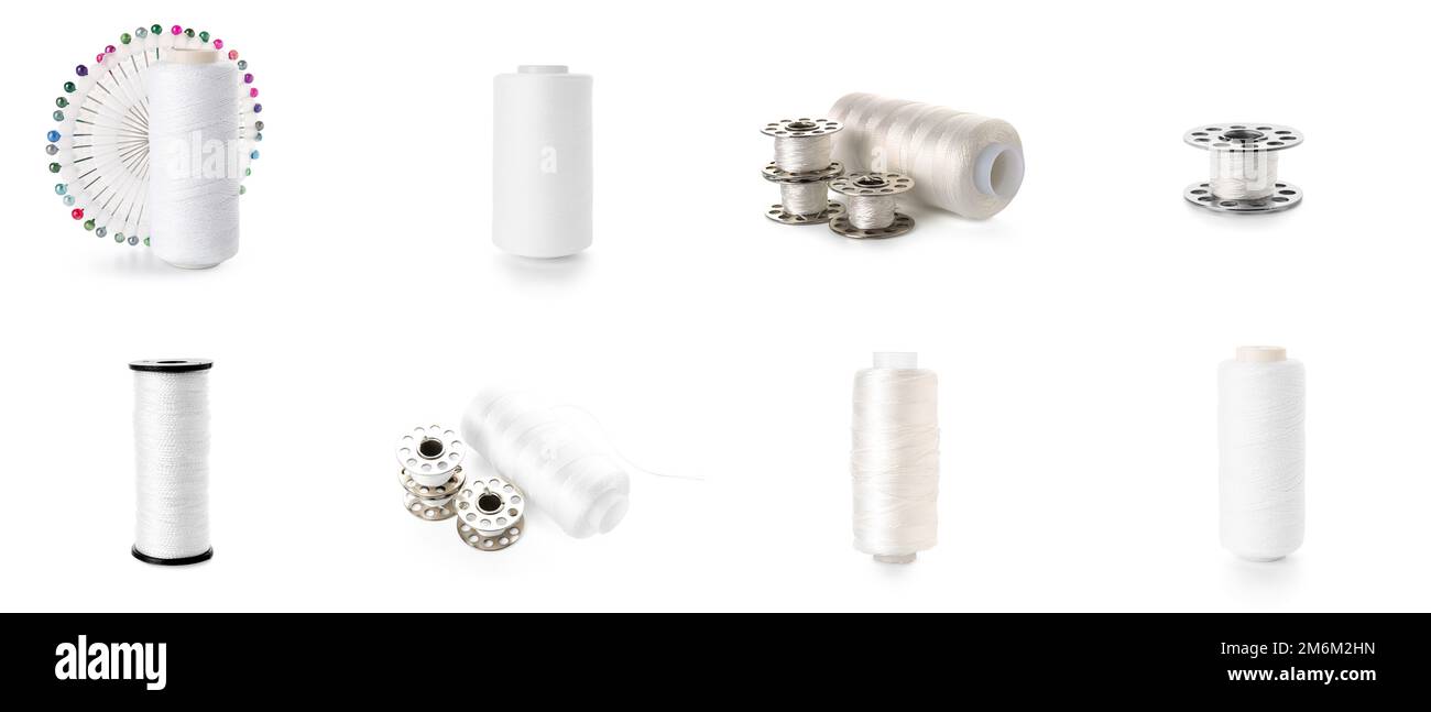 Collage of threads with tailor's pins on white background Stock Photo ...