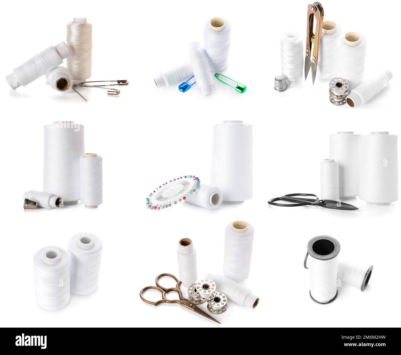 Set of threads with tailor's supplies on white background Stock Photo ...