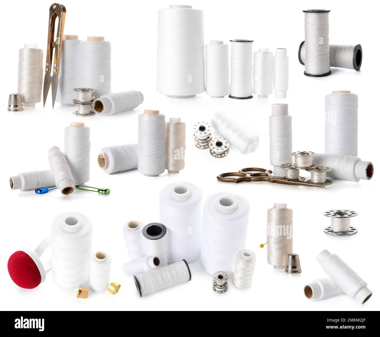 Collage of threads with tailor's supplies on white background Stock ...