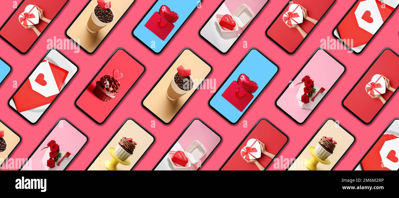Pattern with mobile phones and different photos on pink background ...