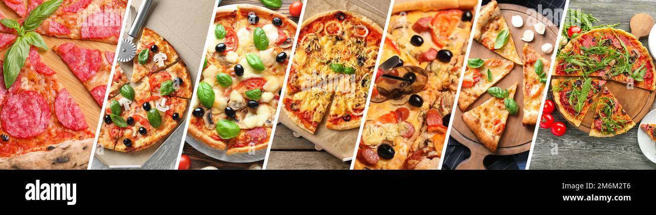 Collage with different tasty pizzas Stock Photo - Alamy