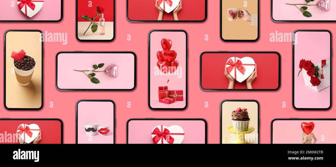 Pattern with mobile phones and different photos on pink background ...