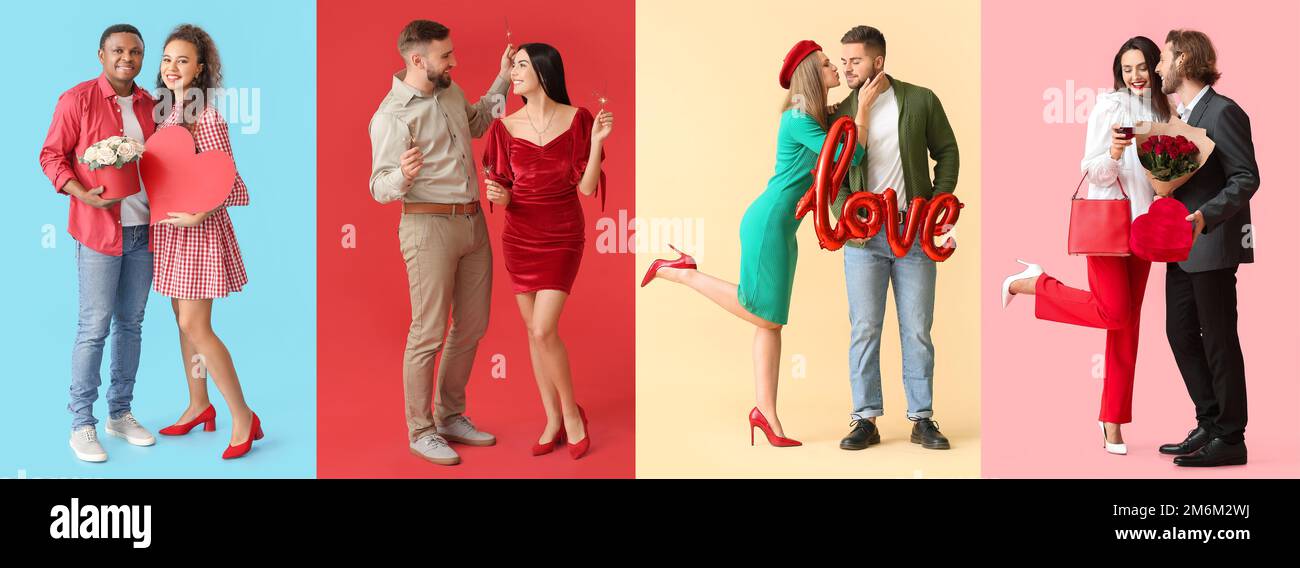 Collage with happy young couples on color background. Valentine's Day ...